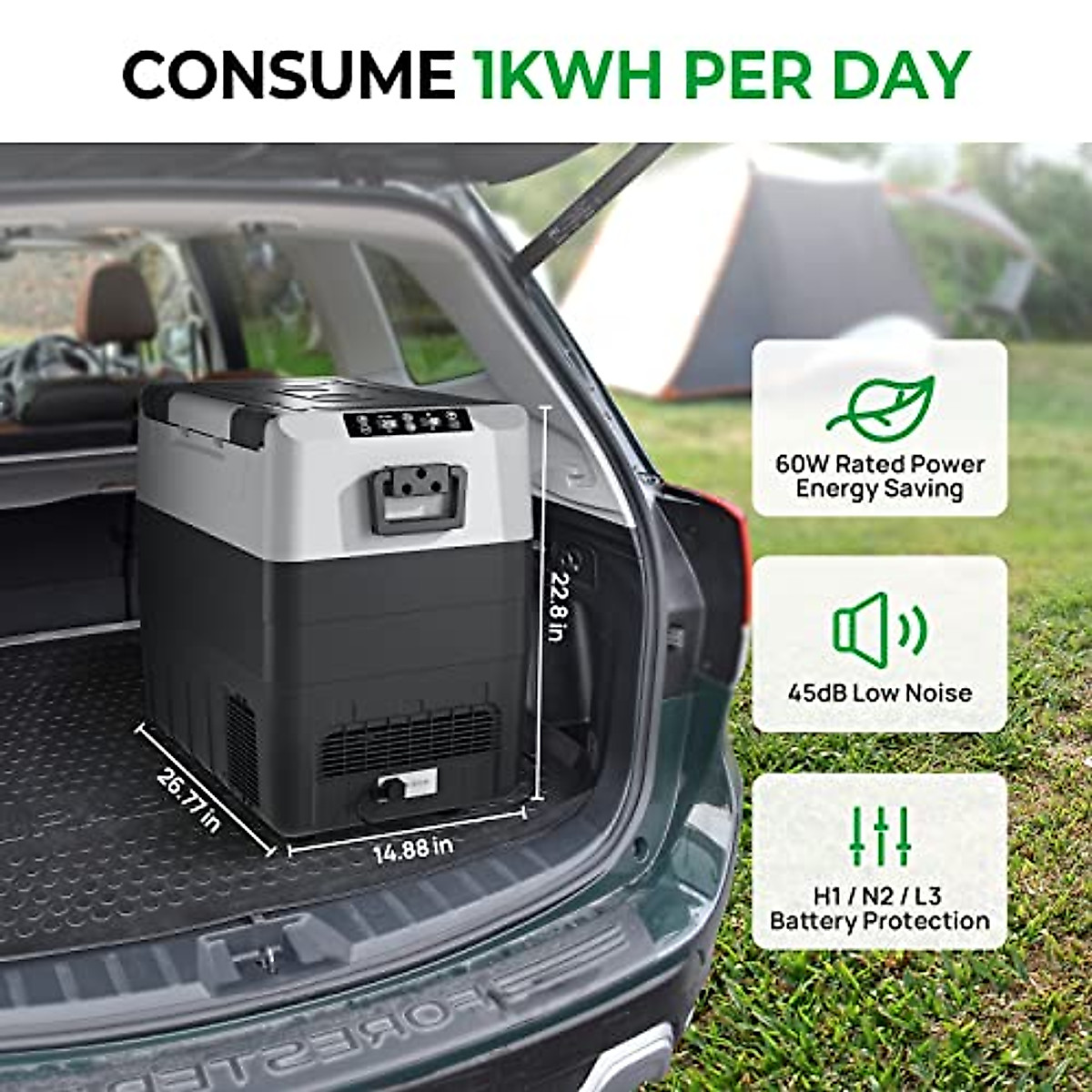 F40C4TMP 12 Volt Portable Refrigerator, 58 Quart Dual Zone Car Freezer, Independent Temperature Control -4℉ to 50℉, 55L Compressor Fridge, Camping, Travel, Trip, Vehicle, Home, 12V/24V DC & 110V AC