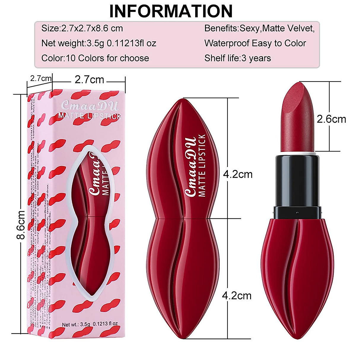 Easilydays Matte Red Lipstick for Women, Moisturizing Velvet Lipsticks, Long Lasting Smudge-Proof Lip Stick, Light Bright Labiales Matte Lipstick Lip Stain High Pigmented Dark Makeup Lip Gloss (#10)
