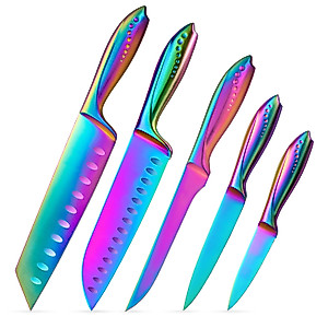 WELLSTAR Rainbow Knife Set 5 Piece, Razor Sharp German Stainless Steel Blade with Iridescent Titanium Coated, Kiritsuke Santoku Boning Utility Paring for Kitchen Cutting Dicing Filleting and Peeling