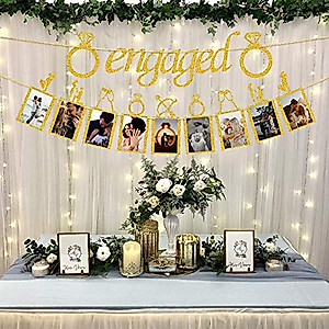 Engagement Wedding Decorations, Gold Engaged Banner and Photo Banner with Romantic Memories Picture Card Frames for Engaged / Wedding / Anniversary / Valentines Day Party