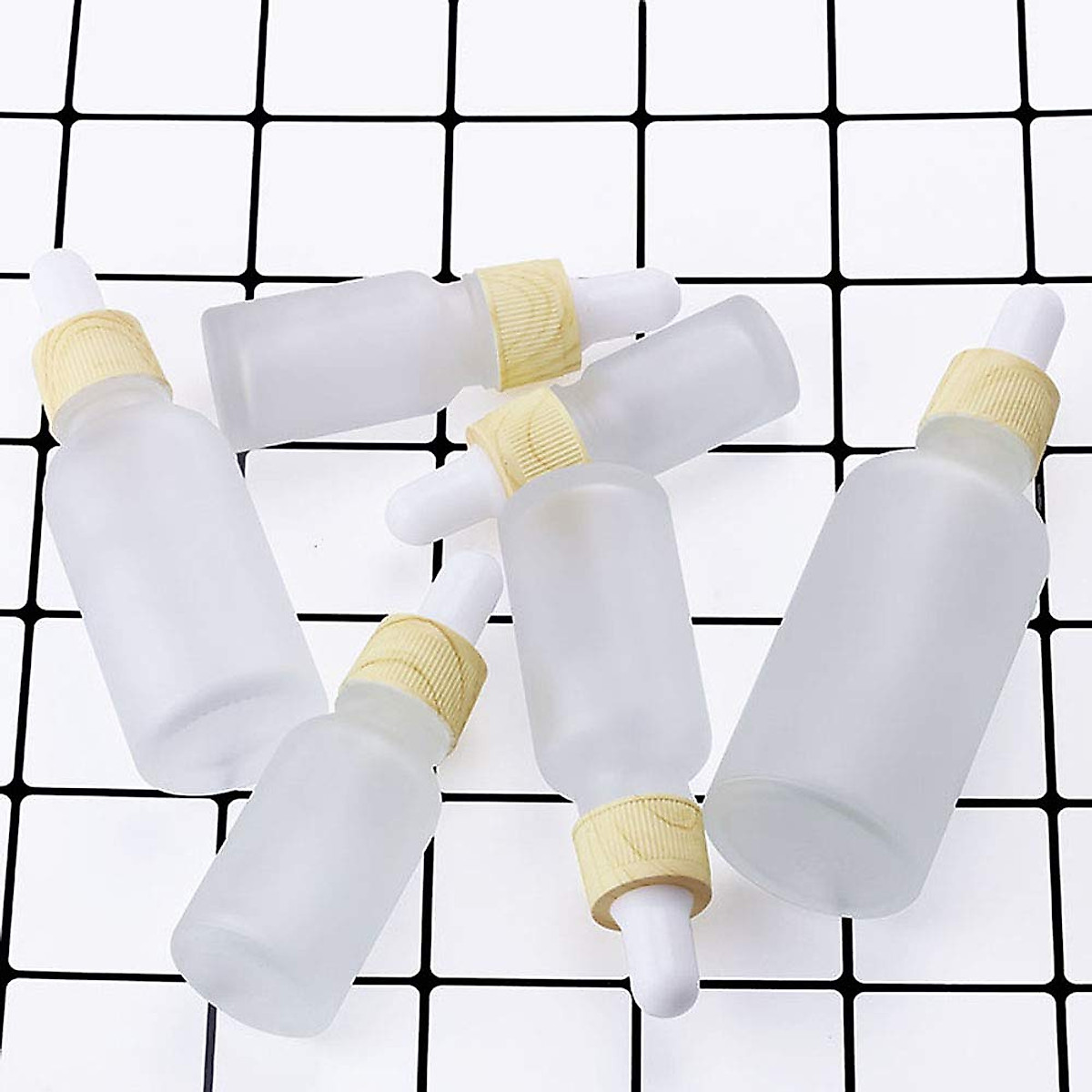 6Pcs 20ml Empty Refillable Translucent Frosted Glass Dropper Bottles Perfume Essential Oil Lotion Liquid Vials Container Sample Sub-bottles with Plastic Wood Grain Cap, 1 Funnel+1 3ml Transfer Dropper