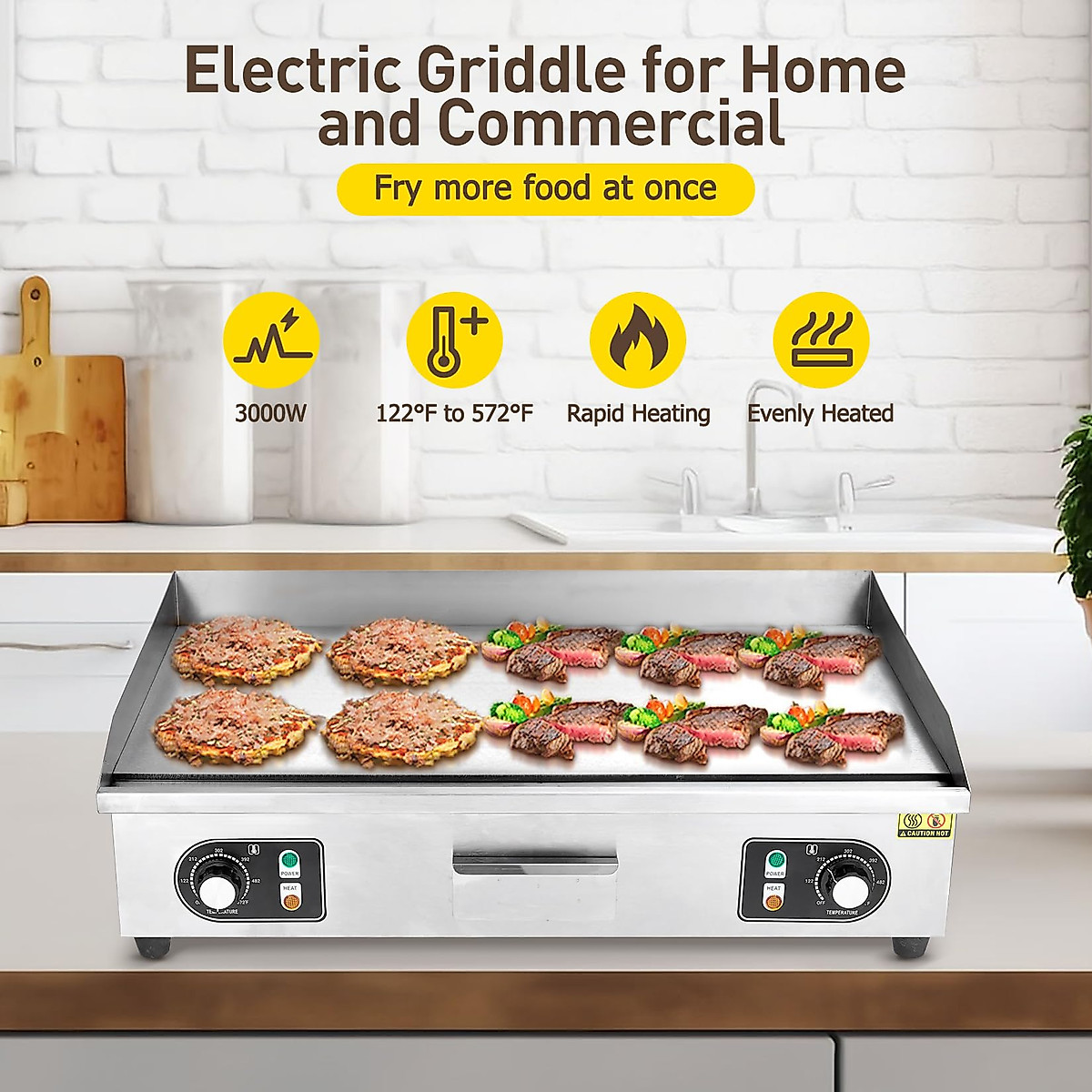 Takywep 30Inch Electric Griddle，Commercial Electric Countertop Grill, Non-Stick Electric Grill Plate (With Plug), Adjustable Temperature Control 122°F-572°F, 1600W/110V