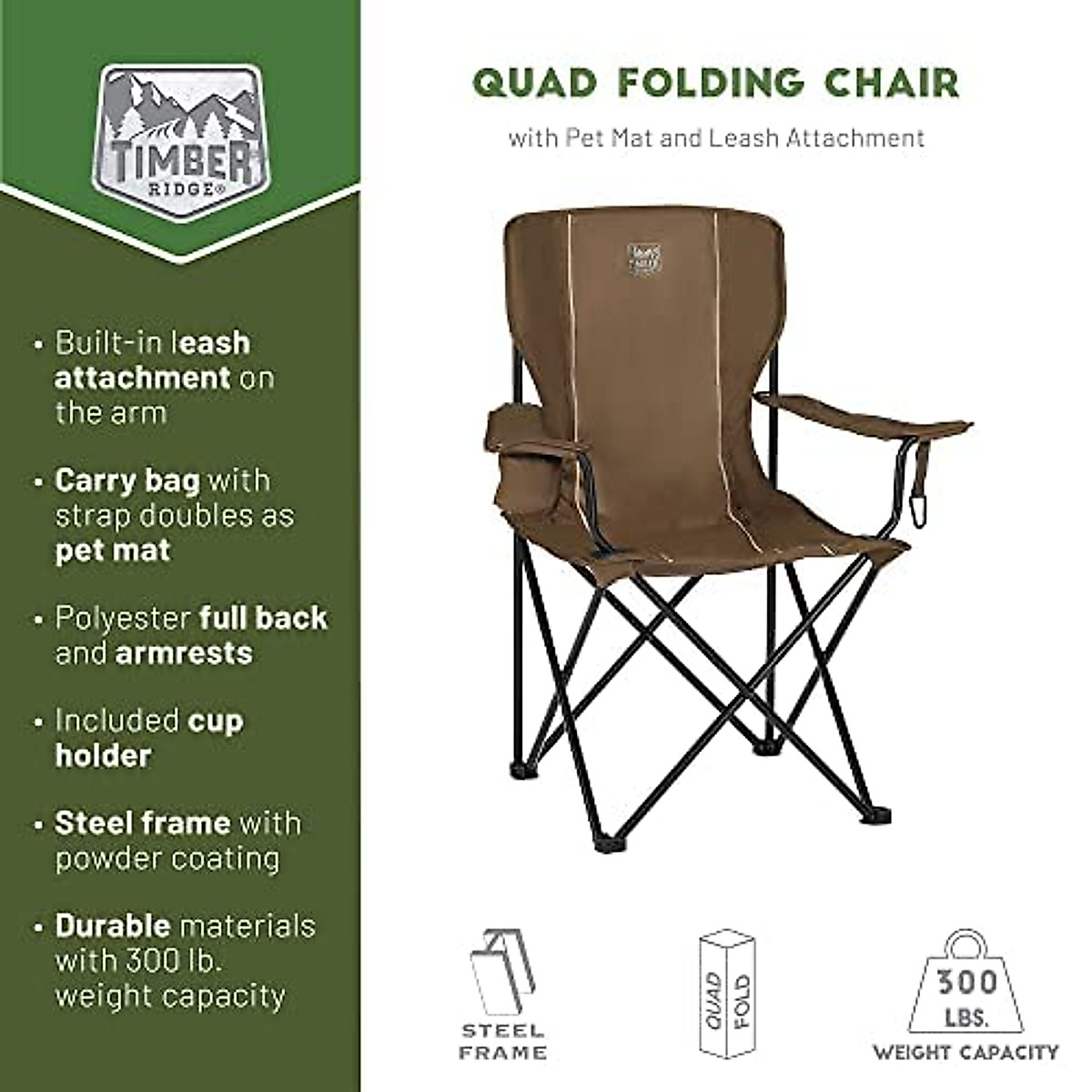 TIMBER RIDGE Collapsible Armrests Cup Holder & Carry Mat & Pet Leash Heavy Duty Foldable Chair for Outdoor Lounge Lawn Beach, Support 300 lbs, Earth Brown