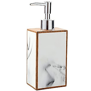 MyGift 4 Piece Marbled Design White and Black Resin Bathroom Countertop Accessories Set with Decorative Wood Trim Includes Pump Lotion Dispenser, Tumbler, Toothbrush Holder and Soap Dish