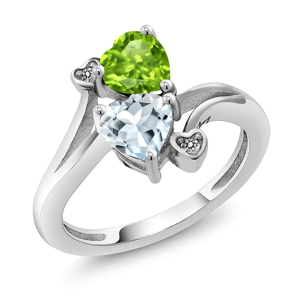 Gem Stone King 925 Sterling Silver Green Peridot Sky Blue Aquamarine and White Diamond Ring For Women (1.53 Cttw, Heart Shape 6MM, Gemstone August Birthstone, Available In Size 5, 6, 7, 8, 9)