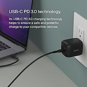 Belkin 45W Dual USB-C Wall Charger, Fast Charging Power Delivery 3.0 w/ GaN Technology for iPhone 15, 15 Pro, 15 Pro Max, 14, 13, Mini, iPad Pro 12.9, MacBook, Galaxy S23, & More - Black (2-Pack)