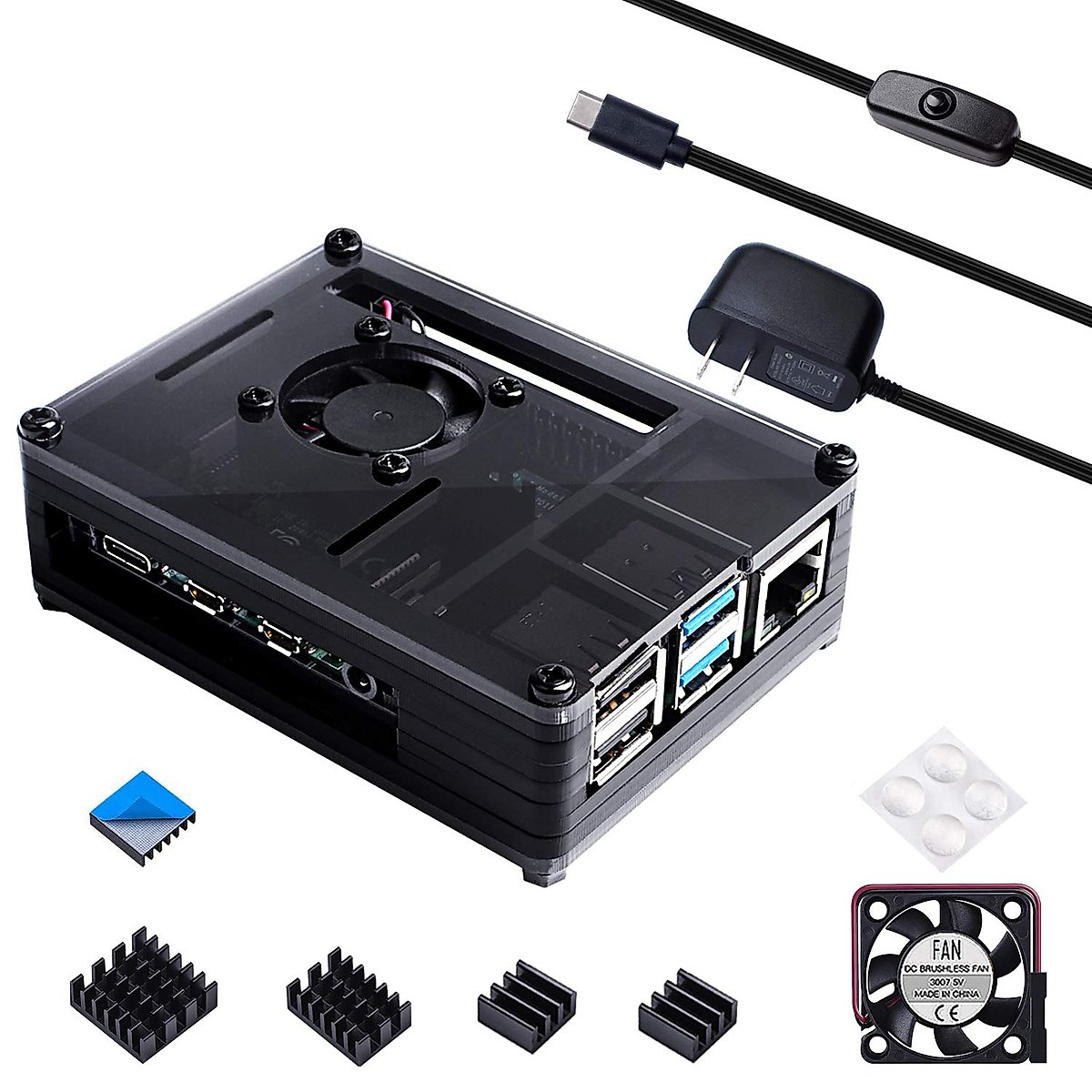 Smraza Case for Raspberry Pi 4, Acrylic Pi 4B Case with Quiet Cooling Fan, 4PCS Heatsinks, 5V 3A USB-C Power Supply for Raspberry Pi 4 Model B 8GB/4GB/2GB - Black