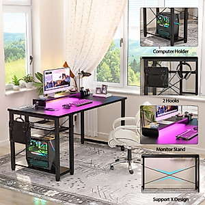 Besiost Gaming Desk with Lights, Reversible Computer Desk with Power Strips, 39.4 Inch Gaming Desk with Moveable Monitor Stand and Shelves, Small Desk for Small Spaces, PC Gaming Desk for Home, Black