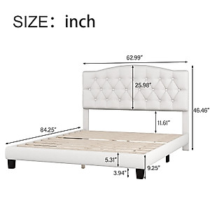 Modern Beige Queen Bed Frame Linen Upholstered Platform Bed with Headboard Solid Wood Queen Size Bed Frame Mattress Foundation Diamond Tufted Details Sturdy Wood Slat Support No Box Spring Needed