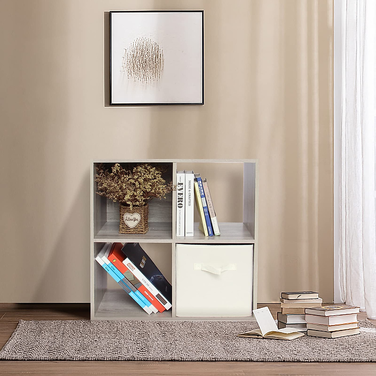 PACHIRA E-Commerce Wooden Storage Bookshelf, 4 Cube Unit Shelf, Closet Cabinet, DVD Rack File Organizer Bookcase Rack, Each Cube 11 Inch, Oak Grey