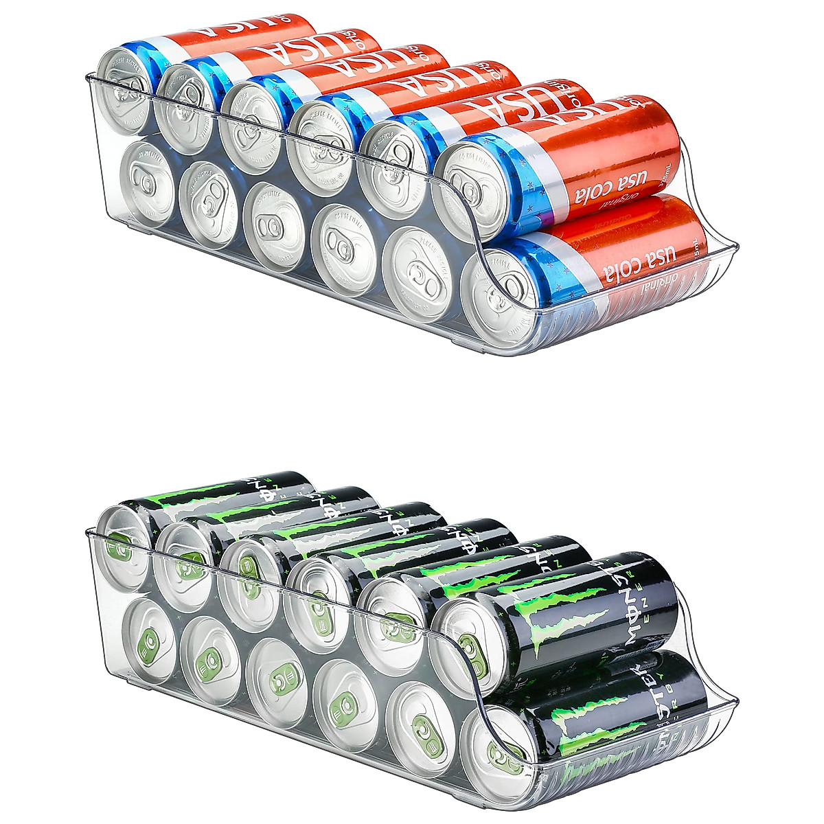 Puricon 2 Pack Refrigerator Organizer Bins Can Dispenser Storage Holder, Soda Beverage Canned Food Container Bin Clear Plastic Pantry Storage Rack for Fridge Kitchen Countertops Cabinets -Skinny Can