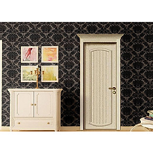 Self Adhesive Vinyl Decorative Black Damask Contact Paper for Cabinets Door Sheves Drawer Dresser Wall Sticker Decal (17.7x197 Inches)