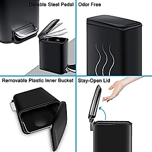 H+LUX Slim Small Bathroom Trash Can with Lid Soft Close,Black Small Trash can for Bathroom Bedroom Office with Removable Inner Wastebasket, Rectangular Foot Pedal Trash Bin, 5L/1.3Gal