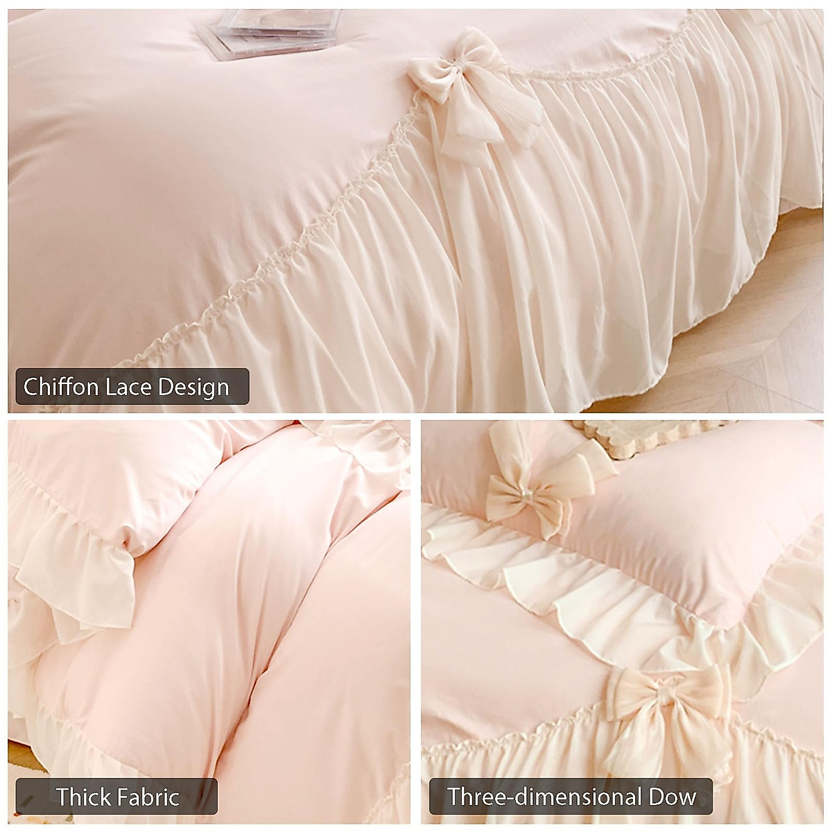 Rvciby Girls Pink Bow Duvet Cover Full Size,3PCS Soft Microfiber Bedding Set,Romantic French Bedding with Chiffon Lace and Cute Bows,Corner Ties&Zipper Closure (79"x90"-1 Duvet Cover,2 Pillow Cases)