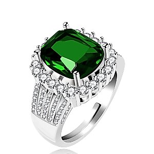 Uloveido Women's Platinum Plated Cushion Cut 5CT Simulated Emerald Rings, Adjustable Birthstone Ring, Green Cubic Zirconia Jewelry Y987