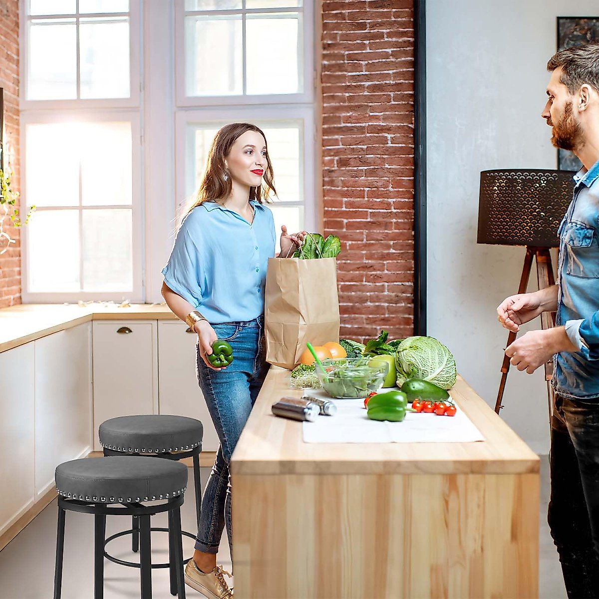 FLYZC Bar Stools Set of 2 Counter Height Swivel Bar Stools Backless Round Barstools 24inch Grey Upholstered Faux Leather Counter Height Stools Counter Stools for Kitchen Counter Island Grey