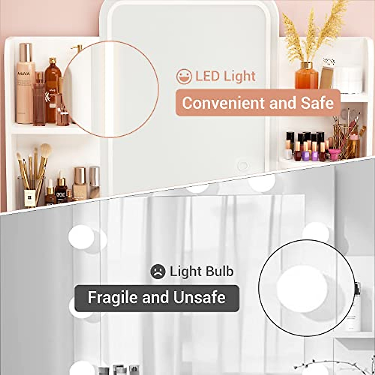 armocity Vanity Desk with Mirror and Light, Makeup Vanity with Cushioned Stool, Vanity Table Set with 3 Color Lighting Options, Modern Dressing Table with 2 Storage Drawers for Bedroom, White