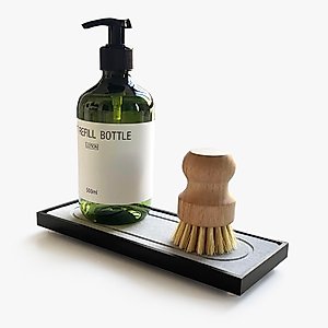 Authumberdale Instant Dry Sink Caddy Organizers, Sponge Holder for Kitchen Sink Counter, Water Absorbing Stone Drying Mat Rack, Soap Dish for Bathroom Countertop, Black Acrylic Tray with Grey Stone