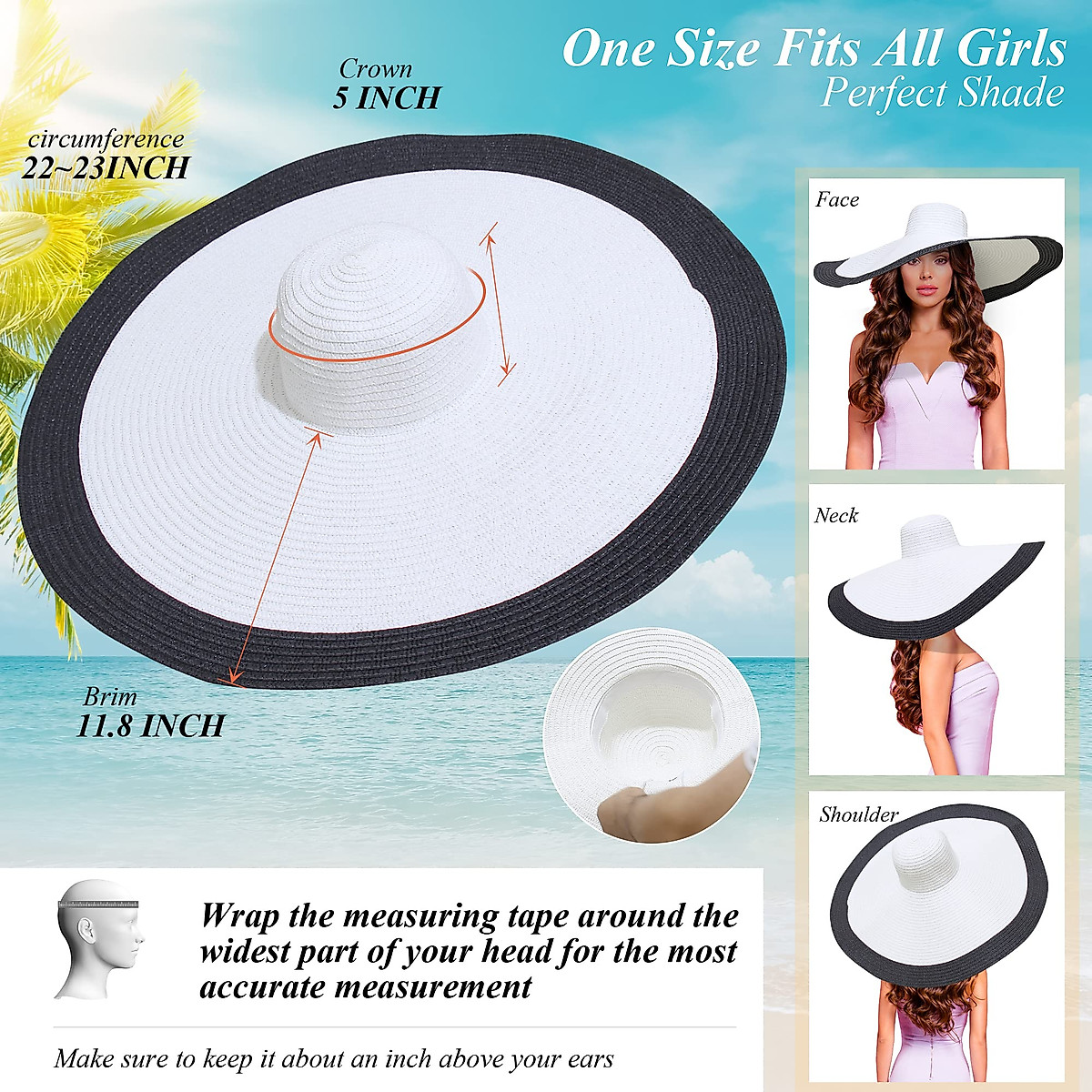 Oversized Sun Straw Hat for Women, UPF 50+ Floppy Wide Brim Summer Hat, Foldable Roll Up Travel Hat (Black White, 11.8 Inches Brim Width)
