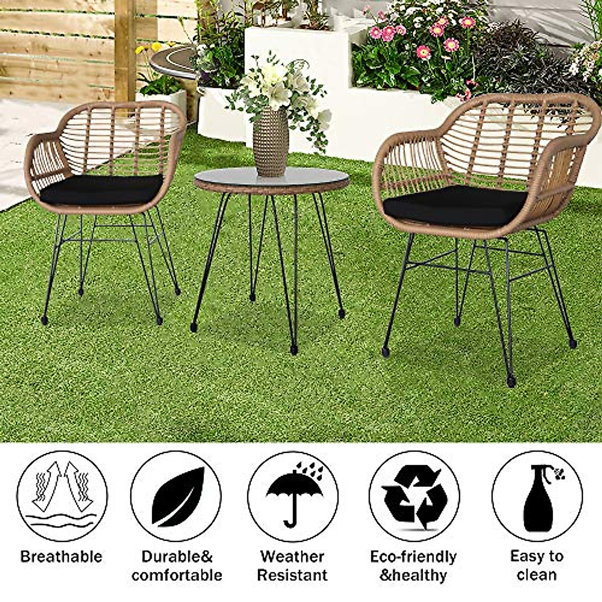 TRRAPLE 3 Pieces Patio Furniture Set, Outdoor Wicker Patio Furniture Sets Modern Bistro Set Rattan Chair Conversation Sets with Glass Top Side Table for Yard and Garden