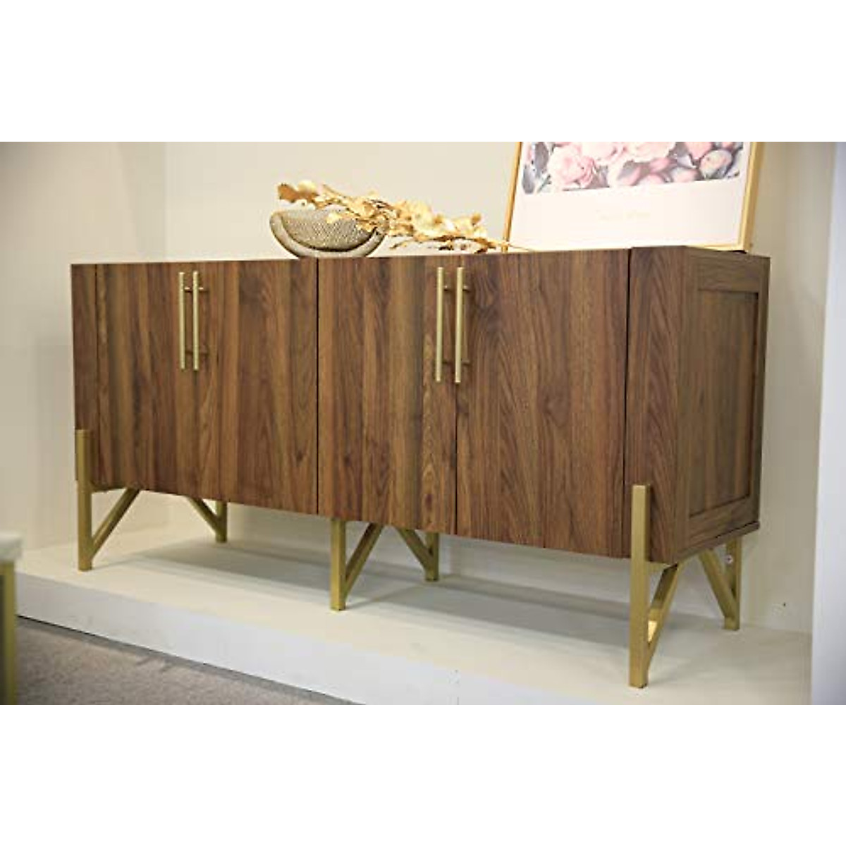 roomfitters 65” Wood TV Stand, 2 Door Media Console, Modern Credenza for Living Room, Mid Century Sideboard Buffet Cabinet, Japandi Entertainment Center with Storage (Walnut, Gold Legs)