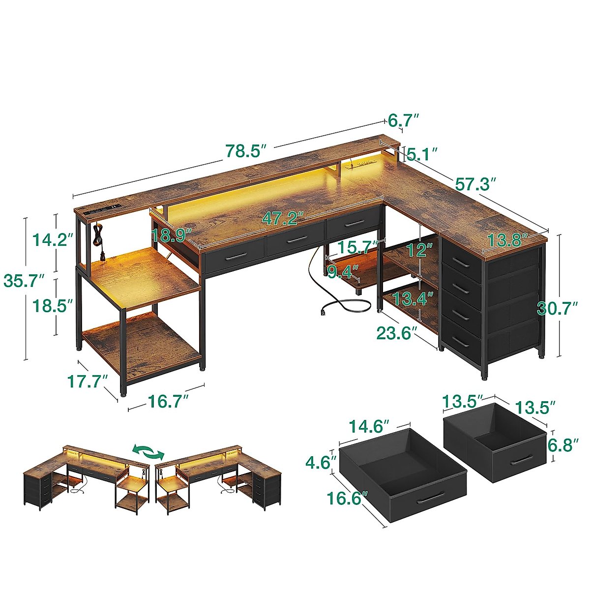 AODK 79" L Shaped Desk with 7 File Drawers, L Shaped Computer Desk with 2 Power Outlets & Monitor Shelf, Home Office Desk with Storage Shelves, Reversible Gaming Desk with LED Light, Vintage
