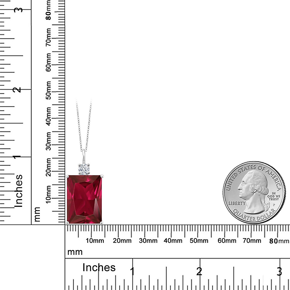 Gem Stone King 20.00 Cttw Red Created Ruby Pendant Necklace For Women In 925 Sterling Silver | Emerald Cut 18X13MM | With 18 Inch Silver Chain