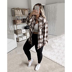 BTFBM Womens Plaid Jacket Long Sleeve Button Down Casual Flannel Shacket Shirts Loose Fall Spring Blouses Tops 2025(Plaid Brown, Large)