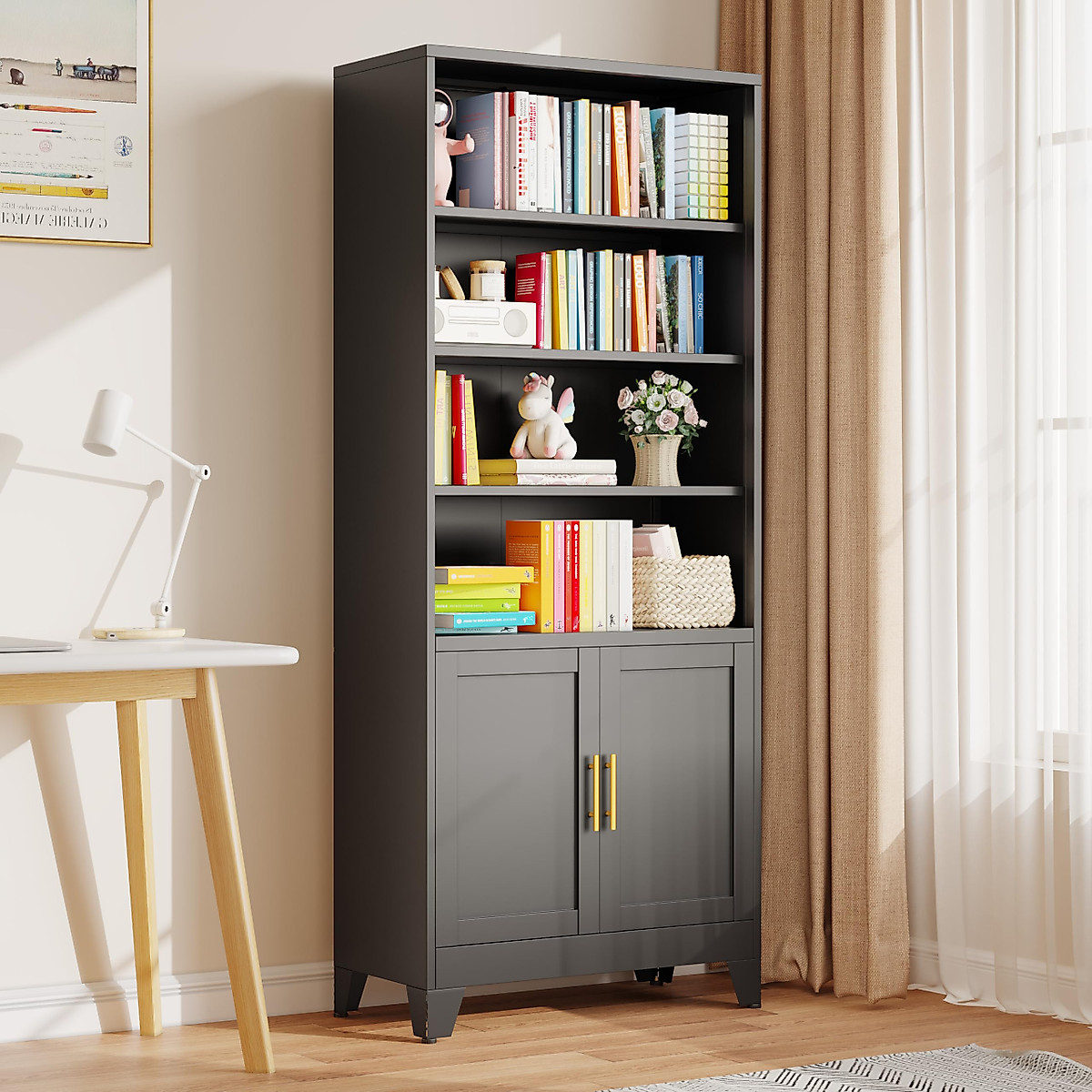 AUEYTVR Bookshelf with Doors, 75" Metal Tall Bookcase with Doors and 3 Tier Adjustable Shelves, Display Cabinet for Living Room, Bedroom, Office (Black)