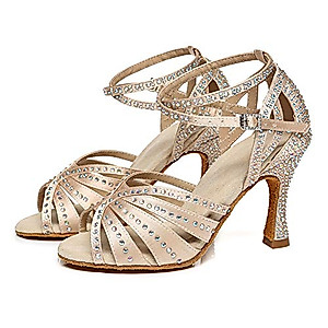 AOQUNFS Rhinestones Latin Dance Shoes Salsa Ballroom Practice Performance Dance Shoes for Women, L440,Beige-8.5-5059,US9.5