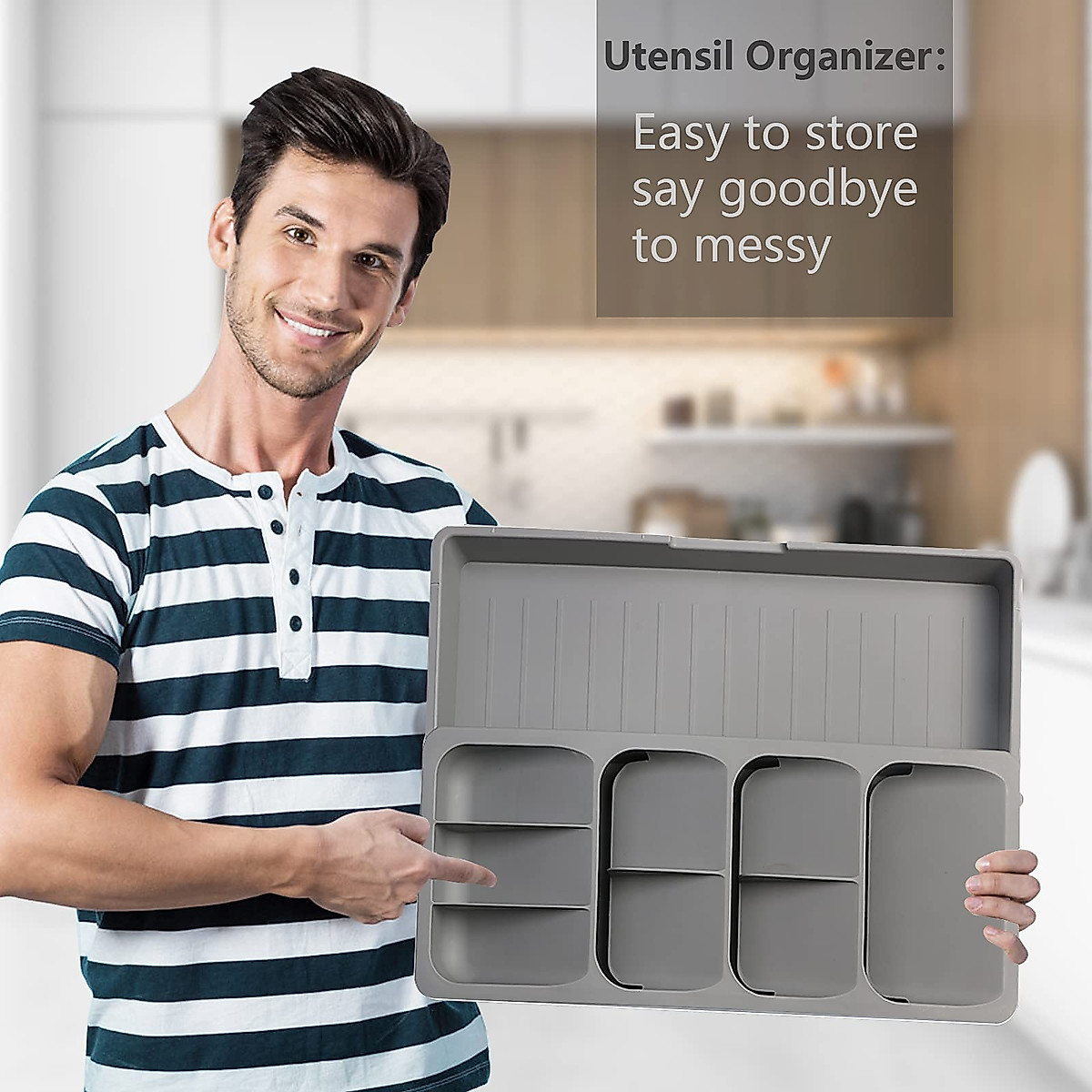 KAKUNM Flatware Drawer Organizer Expandable Adjustable Utensils Silverware Tray for Drawer, Spoon Knife and Fork Partition Storage,Large, Gray