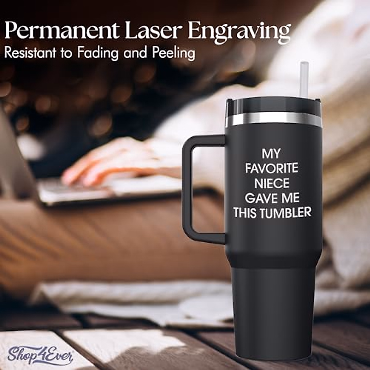 shop4ever My Favorite Niece Gave Me This Tumbler Engraved Insulated Stainless Steel Tumbler with Handle, Lid, and Straw 40 oz. Funny Gift for Aunt or Uncle (Black)
