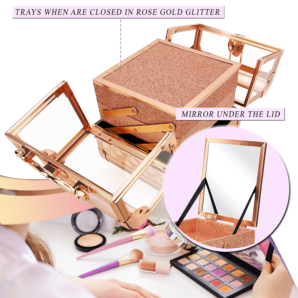 Ver Beauty Makeup Box Cosmetic Train Case with Clear Armored Acrylic Jewelry Organizer with 2 Tiers Trays and Mirror Lockable Portable Travel Cosmetic Display Aluminum Case (Rose Gold Diamond)