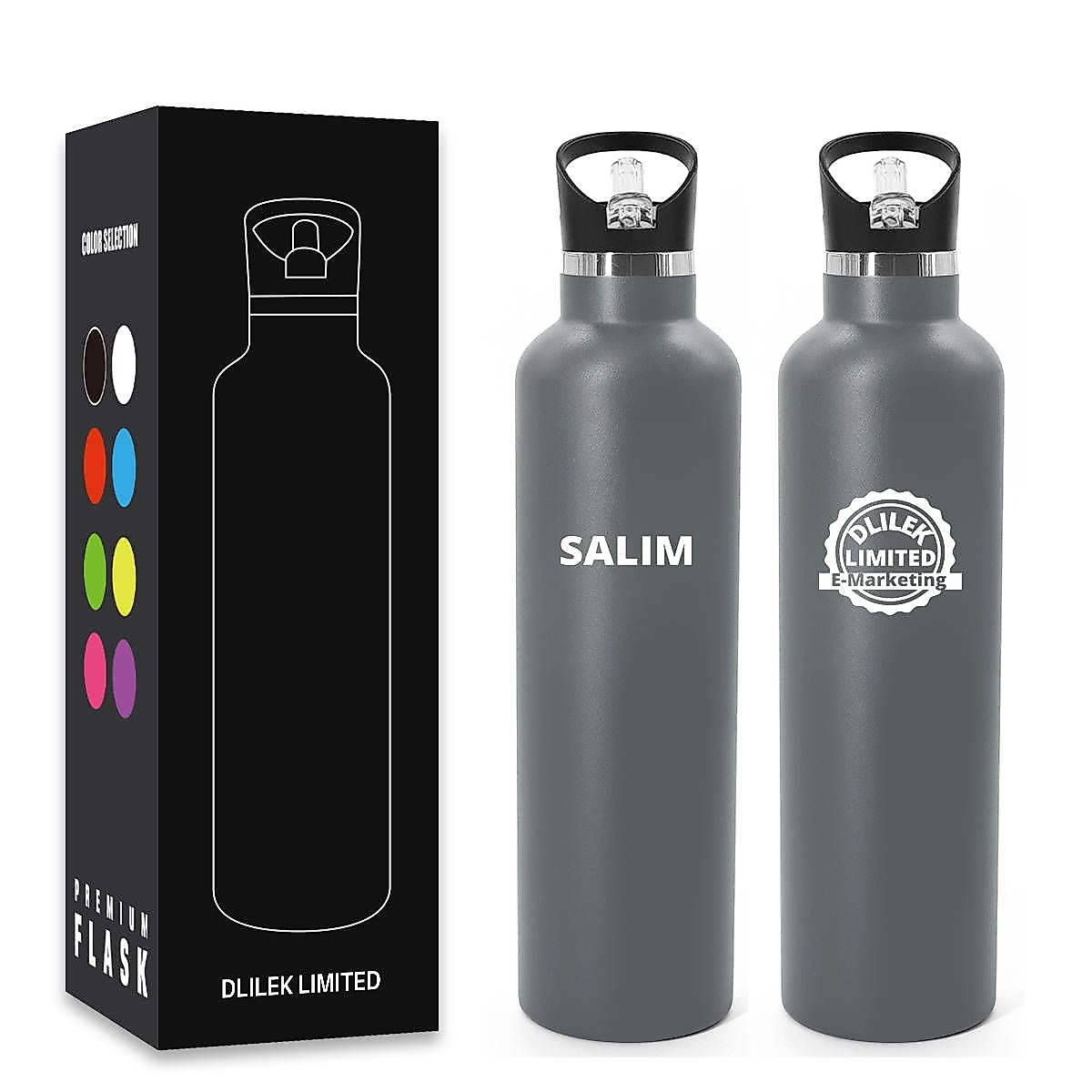 Water bottle stainless steel with straw. Insulated double walled 1L thermos keeps drinks hot for up to 12 hours and cold for up to 24 hours. Bpa free. Metal water bottles. good gift. (Grey), Gray