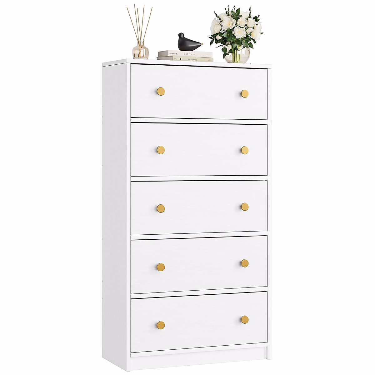 Nicehill White Dresser for Bedroom with 5 Drawers, Fabric Dresser Storage Tower, Chest of Drawers for Closet, Living Room, Hallway, Entryway, Woodeen Dresser（White）