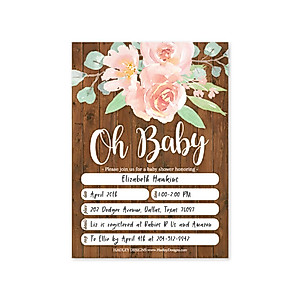 25 Rustic Floral Baby Shower Invitations, Sprinkle Oh Baby Invite For Girl, Coed Gender Reveal Neutral Theme, Pink Floral Printed Fill or Write In Blank Printable Card, Cute Wood Party DIY Supplies