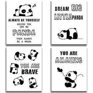 SUUURA-OO.Inspirational Panda Wall Art Prints, Unframed Adorable Panda Motivational Words Wall Art, Set of 4（8’’x10’’）Dream Big Little Panda Print for Nursery and Kids Room Decor (Black White)