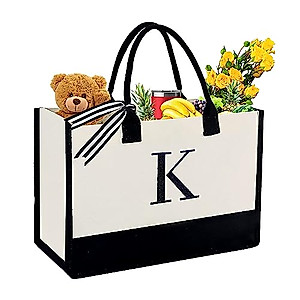 CONTROL KITCHEN Personalized Initial Tote Canvas Beach Bag, Monogrammed Gift Tote Bag for Women, Gift Package Included