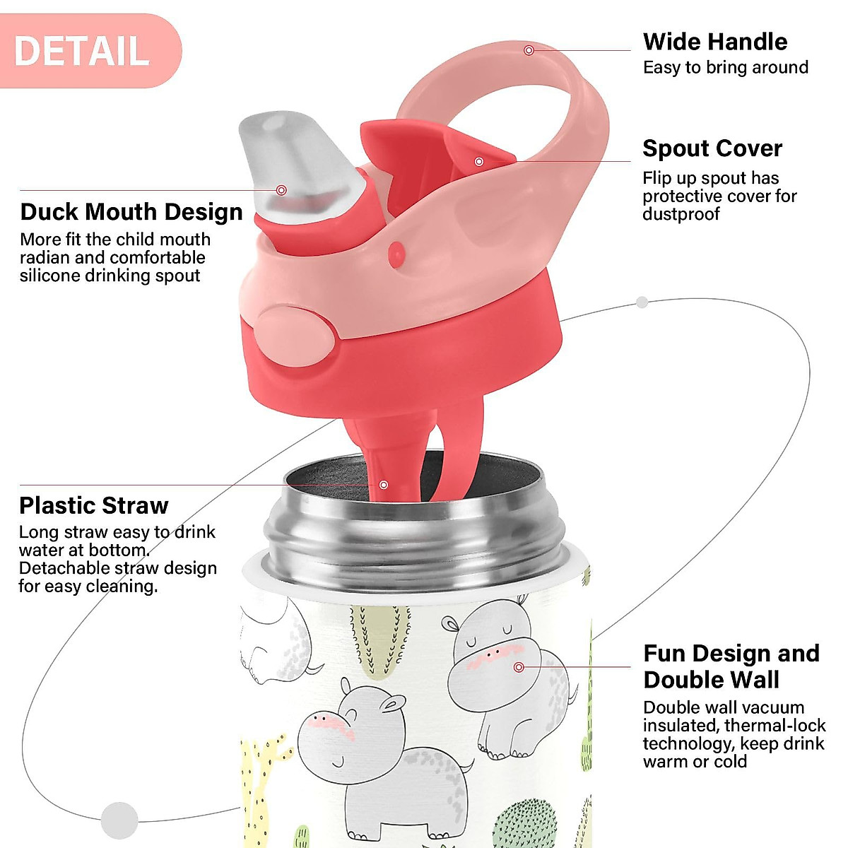 ALAZA Cute Cactus Hippo Kids Water Bottles with Lids Straw Insulated Stainless Steel Water Bottles Double Walled Leakproof Tumbler Travel Cup for Girls Boys Toddlers 12 oz / 350 ml,Pink