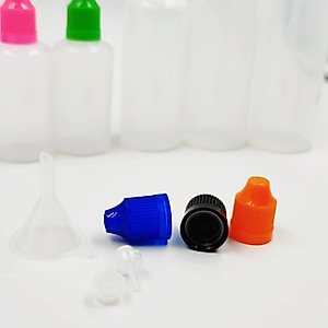 NANSHINE 10MLx50 LDPE Plastic Dropper Bottles Empty Squeeze Liquid Eye Dripper Containers with Child Resistant Cap (Bottles + Mixing Color Caps + Tips+label)