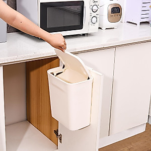 SuoXing 2.4 Gallon Hanging Trash Can for Cabinet Door,9L Hanging Kitchen Trash Can with Lid,Plastic Wall Mounted Garbage Can and Food Waste Bin for Kitchen Countertop,White