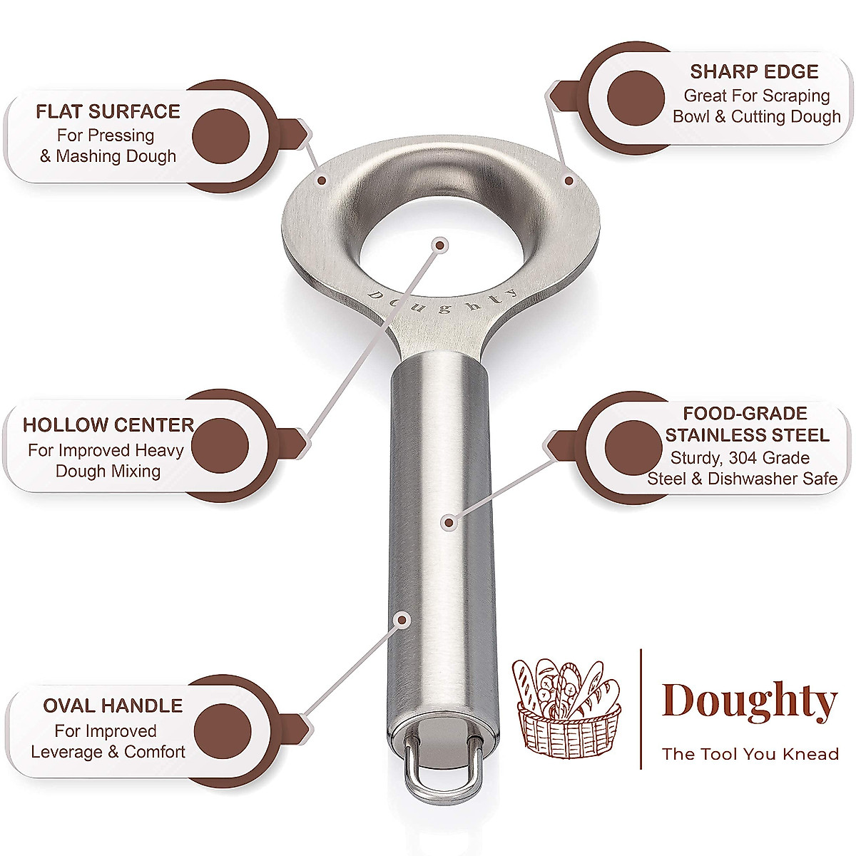 DOUGHTY - Dough Kneading & Mixing Tool - Stainless Steel Hand Mixer - Ideal for Thick Sticky Doughs - Great Bread Kneading Tool & Danish Dough Whisk Alternative - Gift Box Included