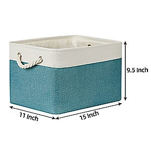 Bidtakay Set of 4 Bundled Baskets Storage Bins with Handles 15 X 11 X 9.5 Inches (White&Teal Blue)