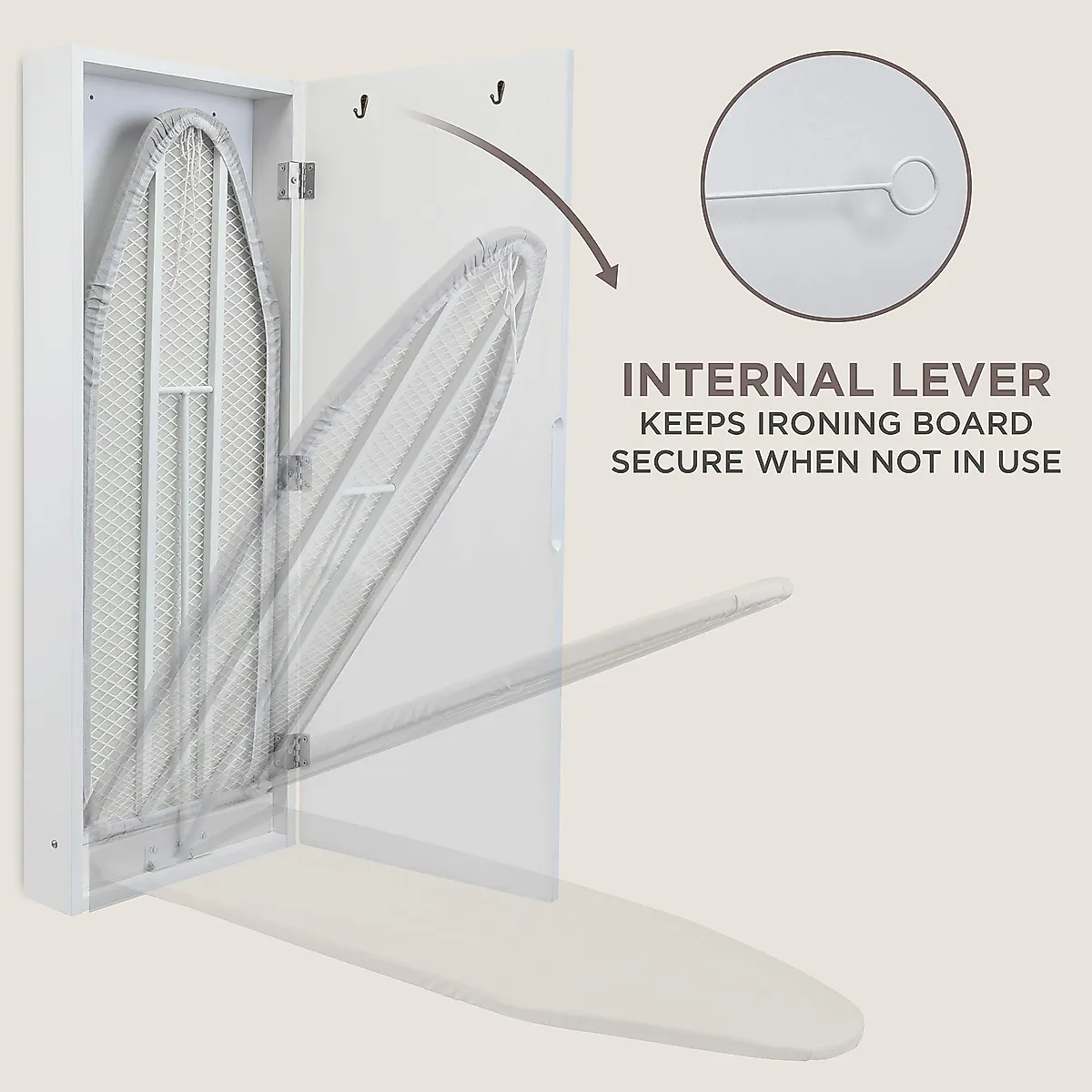 Ivation Wall-Mounted Ironing Board Cabinet, Foldable Ironing Storage Station for Home, Apartment , Easy-Release Lever, Garment Hooks, White