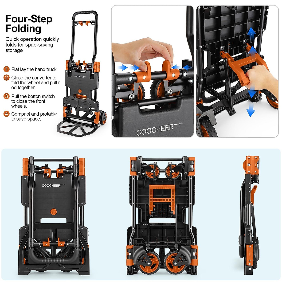 330LB Folding Hand Truck Heavy Duty Carrying, Combination of Four Wheels and Two Wheels Convertible Dolly Cart with Retractable Handle Dolly for Moving Office Carts(Orange)