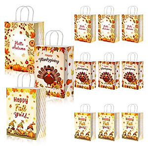 JUESMOS 12PCS Thanksgiving Paper Gift Bags 8.3" Hello Autumn Fall Gift Bags with Handles Turkey Pumpkin Leaves Treat Bags Candy Goodie Bags for Thanksgiving Fall Baby Shower Birthday Party Decor