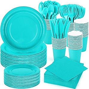 durony 350 Pieces Teal Blue Party Supplies Teal Blue Dinnerware Set Paper Plates Cup Napkins Serve 50 Guests for Birthday Wedding Baby Shower Party Family Picnic
