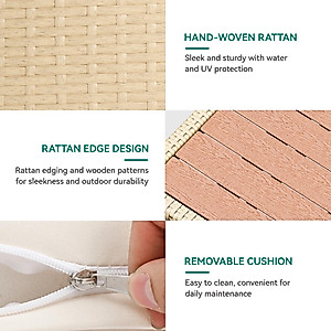 YITAHOME 6-Piece Patio Wicker L-Shaped Furniture Set, All-Weather Rattan Outdoor Conversation Sofa Set for Backyard Deck with Soft Cushions,Ottomans and Plastic Wood Dining Table (Light Brown+Beige)