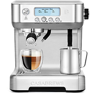 CASABREWS Espresso Machine with Automatic Milk Frother, 20 Bar Espresso Maker with Dual Boiler and LCD Display, Barista Cappuccino Latte Maker with Separate Hot Water System for Americano, Silver