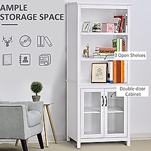 HOMCOM 71" Bookcase Storage Hutch Cabinet with Adjustable Shelves and Glass Doors for Home Office, Kitchen, Living Room, White